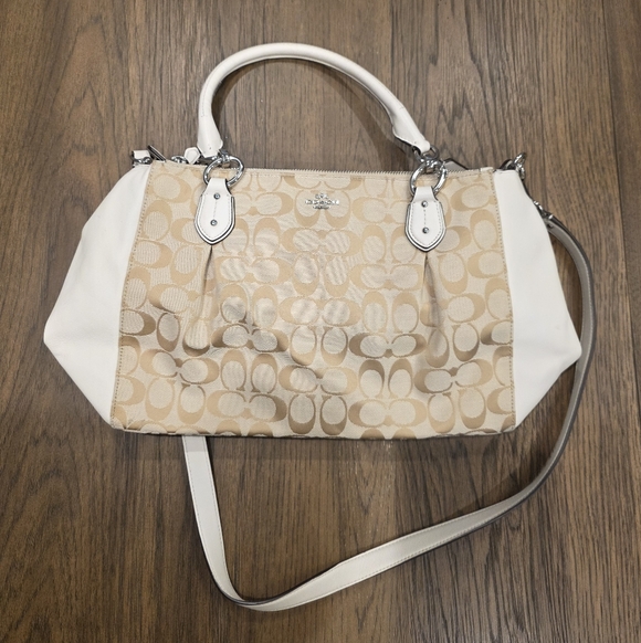 Coach | Bags | Coach Tan And White Signature Satchel | Poshmark